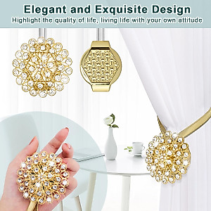 AULEEP Magnetic Curtain Tiebacks, 4 Pack Magnetic Crystal Decorative Drapes Curtain Clips Buckle, Flower Curtain Tie Back, European and American Style (Gold)