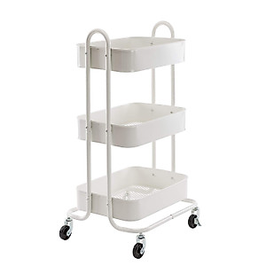 walsport 3-Tier Utility Carts for Kitchen Bathroom Bedroom Office, Rolling Cart Metal Mesh Storage Organizer Mobile Utility Cart with Caster Wheels with Handle,White