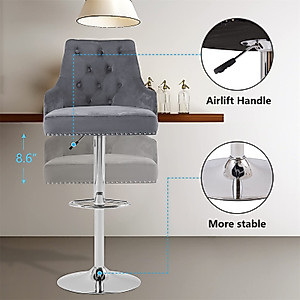 Velvet Bar Stools Chairs Adjustable Height Swivel Bar Stool with Button Tufted Upholstered Barstools Footrest and Back for Counter Kitchen Island Kitchen 2 Pack (Grey)