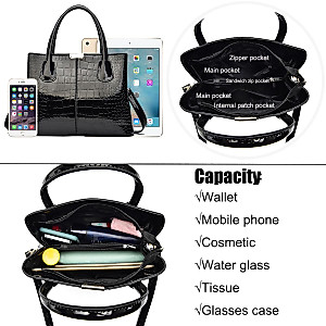 XingChen Handbag and Purse for Women Patent Leather Shoulder Bag Crocodile Pattern Top-Handle Satchel Tote Wallet(Black)