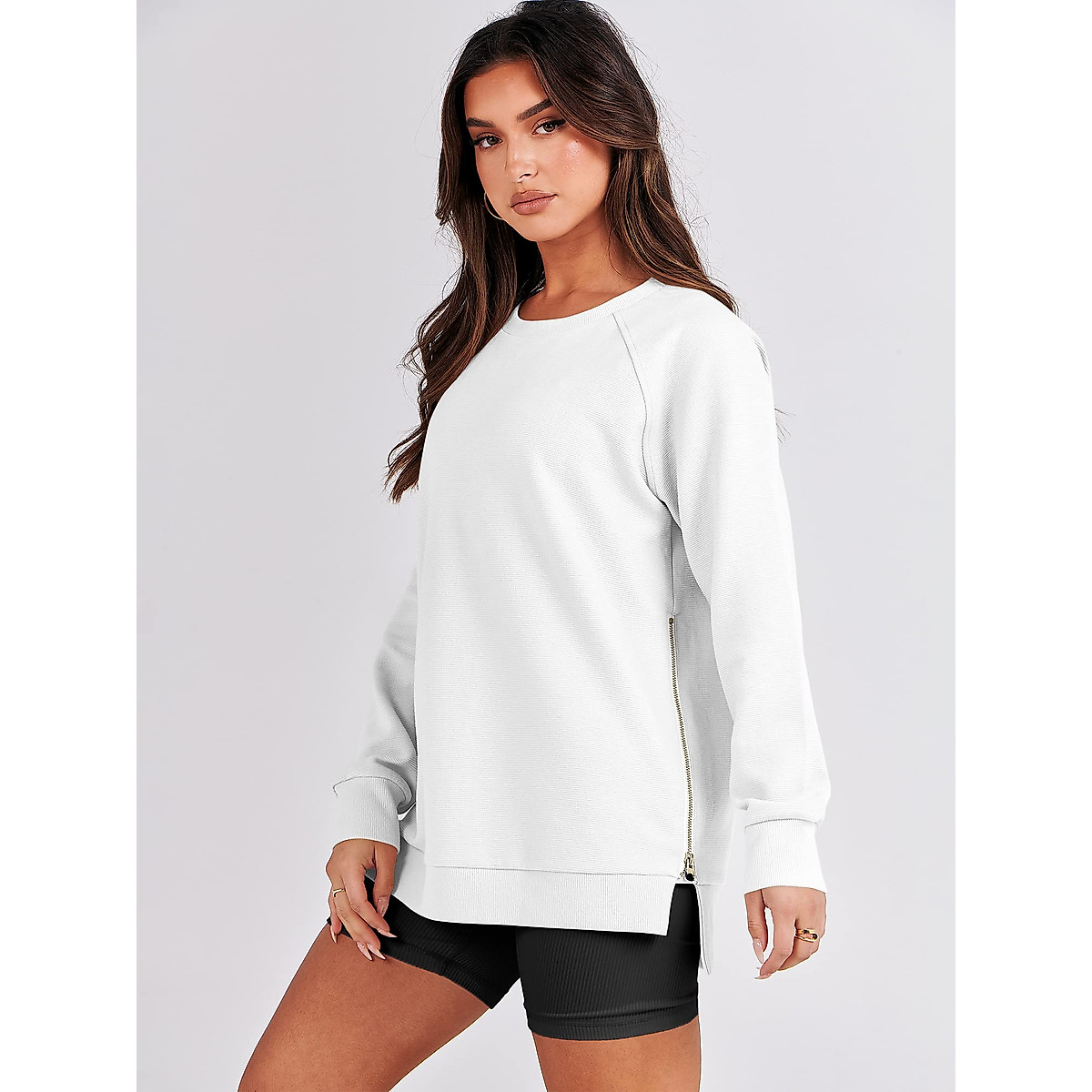 ANRABESS Womens Oversized Sweatshirt Crewneck Long Sleeve Tunic Pollover Shirt Side Zipper Hoodie Sweater 2025 Spring Clothes White X-Large