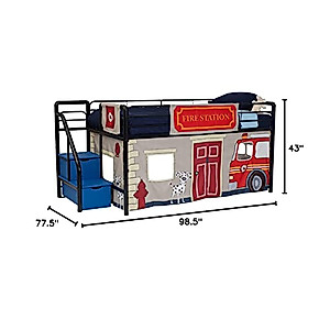 DHP Junior Twin Metal Loft Bed with Slide, Multifunctional Design, Silver with Blue Slide & Fire Department Design Curtain Set for Junior Loft Bed, Kids Furniture, Blue