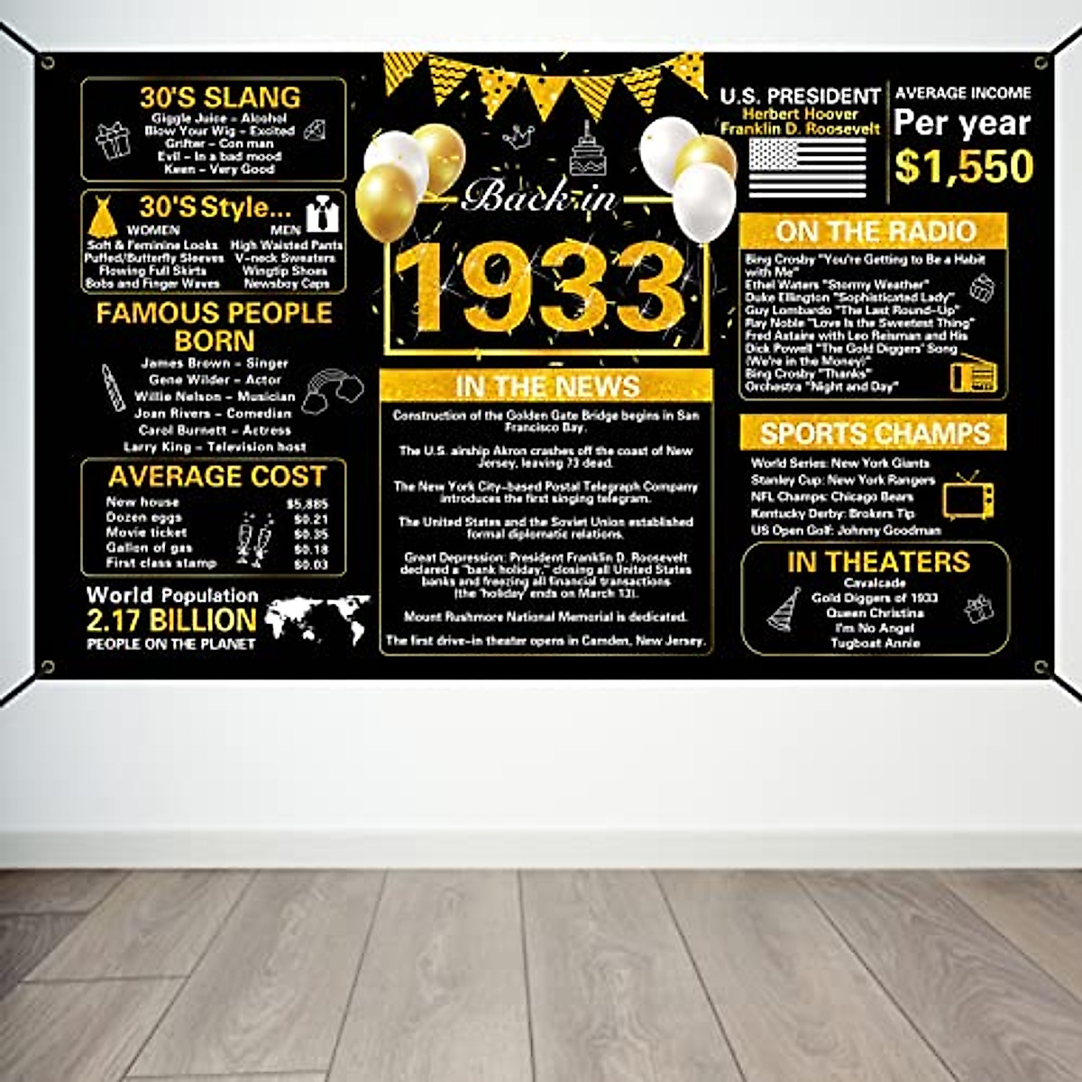 Crenics Black Gold 90th Birthday Decorations, Vintage Back in 1933 Birthday Backdrop Banner, Large 90 Years Old Birthday Anniversary Poster Photo Background Party Supplies for Women Men, 5.9 x 3.6 Ft