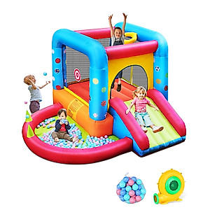 Step4Fun Inflatable Bounce House, Kids Castle Slide Bouncer for Children Jumping Outdoor and Indoor Party, Baby Backyard Water Jumper Toy with Blower, Ball Pit Pool, Ideal Gifts（112 x 98 x 65”）