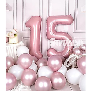 SUWEN 40 Inch Pink Large 15 Number Balloons Big Foil Helium Number Balloons 0-9 Jumbo Happy 15th Mylar Birthday Party Decorations for Girl or Women 51 Anniversary Party Supplies