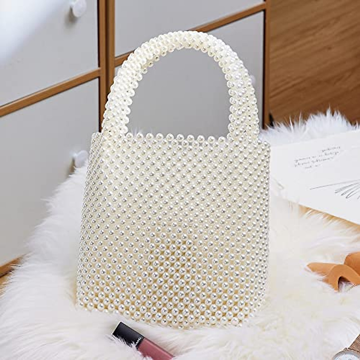 Grandxii Pearl Clutch Purse White Summer Handbag Tote Bag Evening Party Bag With Pearls For Women
