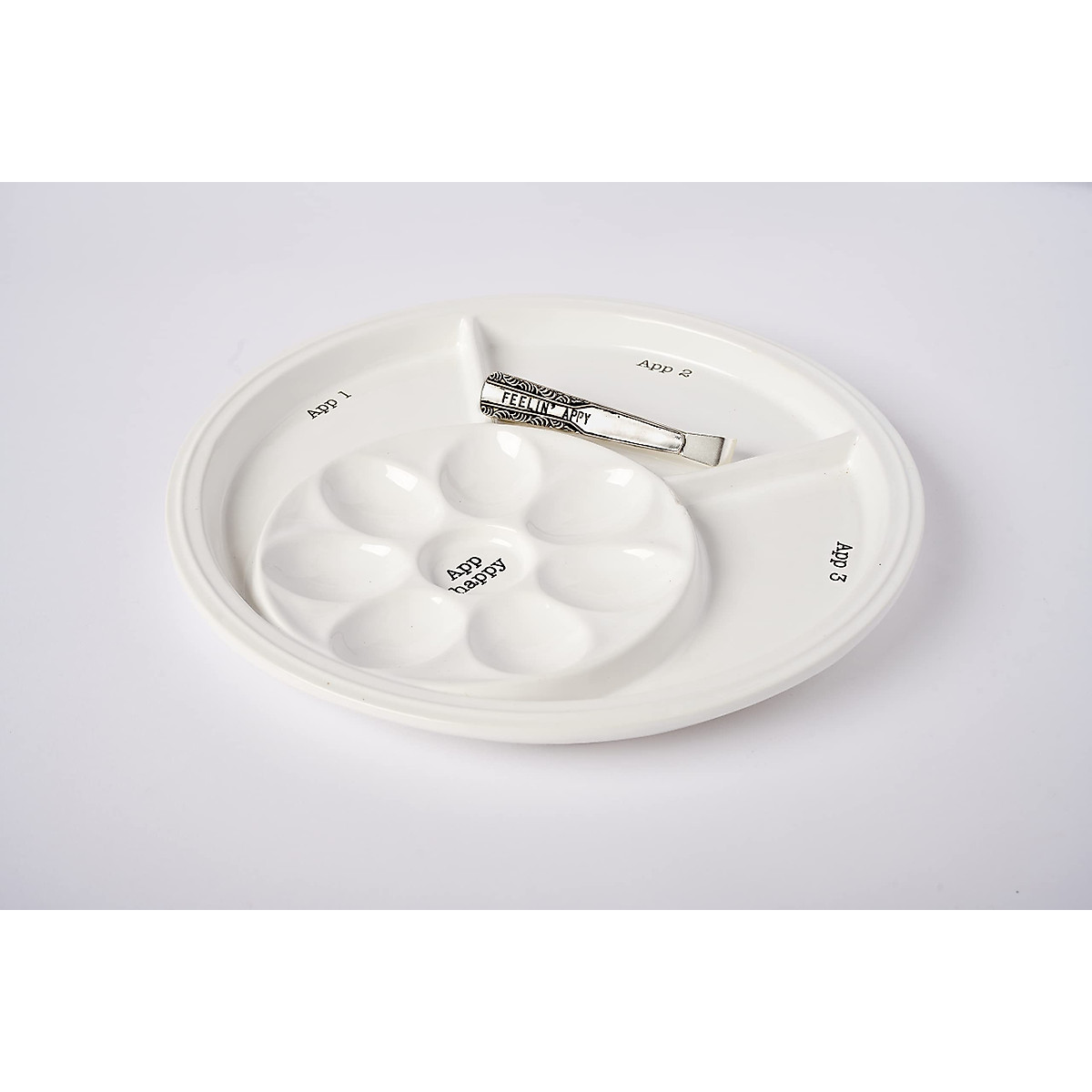 Mud Pie Circa Appetizer and Deviled Egg Platter Set, White, Dish 12" Dia | Tongs 4.5"