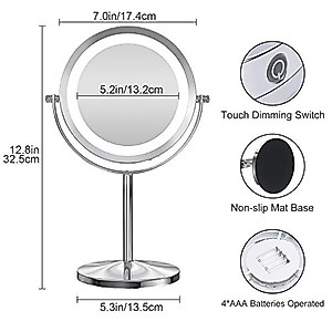 Gospire LED Makeup Mirror 1x/10x Magnifying with Touch Screen Adjustable LED Light, 7" Lighted Vanity Swivel Mirror Double Sided Cosmetic Mirror (Silver-Dimmable Switch)