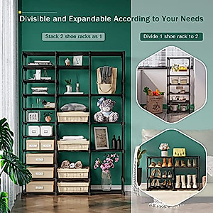 TABIGER 9 Tier Shoe Rack for Entryway 32-35 Pairs, DIY Stackable Metal Shoe Rack for Closet, Sturdy Shoe Organizer for Entryway, Shoe Shelf Closet Shelf Organizer with 4 Hooks, 55.6"x34.6"x12.2"
