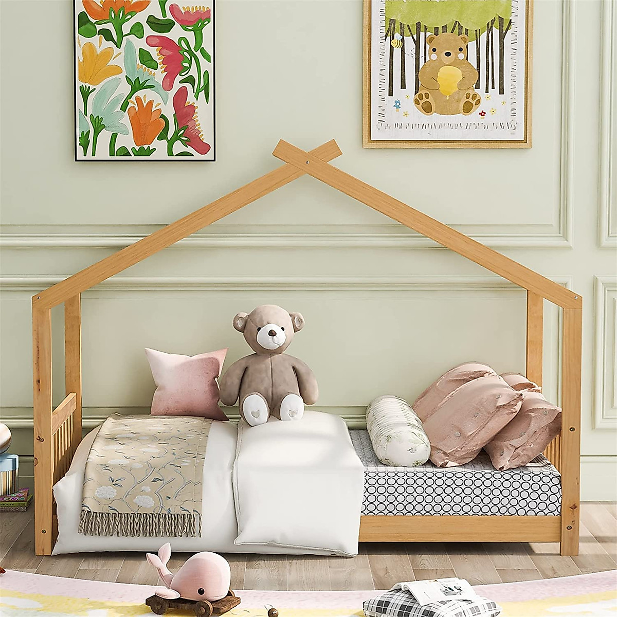 CITYLIGHT Twin House Bed for Kids, House Bed Frame Twin with Headboard and Footboard, Wooden Kids House Bed for Girls, Boys,No Box Spring Needed,Natural