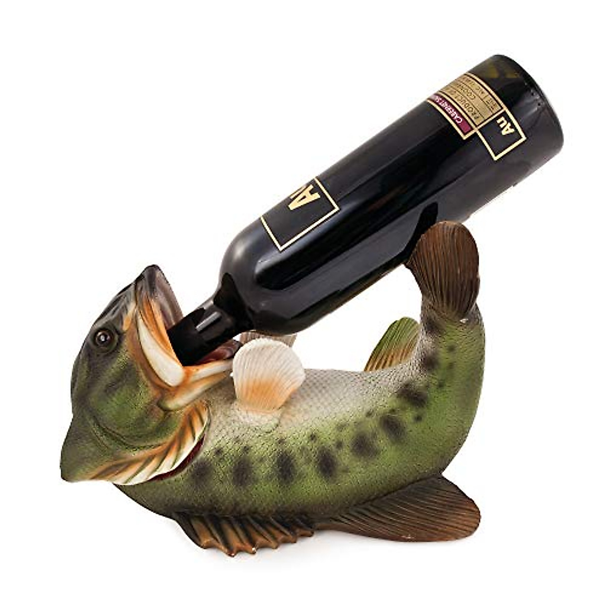 True Boozy Bass Polyresin Wine Bottle Holder - Table Top and Counter Wine Rack, Animal Home Decor - Set of 1, Green, Holds 1 Standard Wine Bottle
