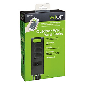 WiOn 50053 Outdoor Wi-Fi Plug-In Yard Stake With Smartphone Or Tablet Automation for up to 12 devices; 3 Grounded Outlets And 6 Foot Cord