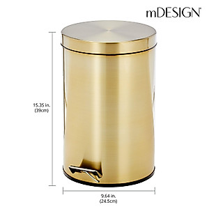 mDesign Tall 3.2 Gallon/12 Liter Round Metal Step Trash Can Wastebasket, Garbage Container Bin fo Kitchen, Bathroom, Home - Removable Liner Bucket - Soft Brass
