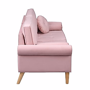 RXRRXY Modern Loveseat Sofa,Velvet Loveseats for Small Spaces, Mid Century 3 Seater Sofas,Button Tufted Upholstered Couch for Bedroom,with Pillow,Suitable for Living Rooms, Apartments,Office. (Pink)