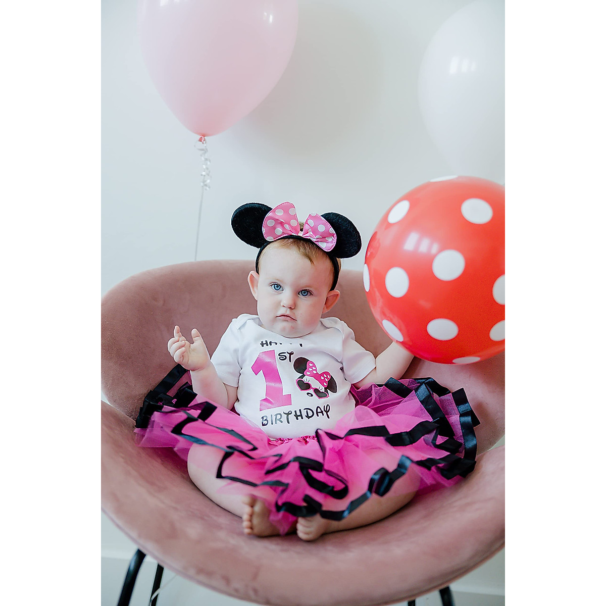 First Birthday Girl Outfit - Mouse Tutu Set (Pink and Black Tutu, 12M Short Sleeves)