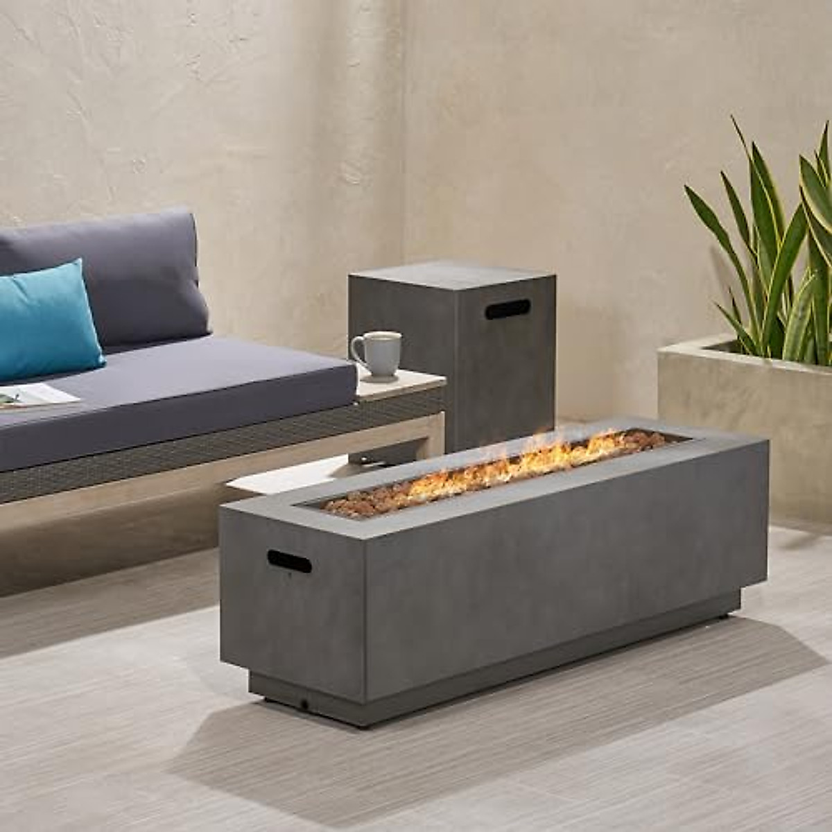 Lynn Outdoor Rectangular Fire Pit with Tank Holder, Concrete