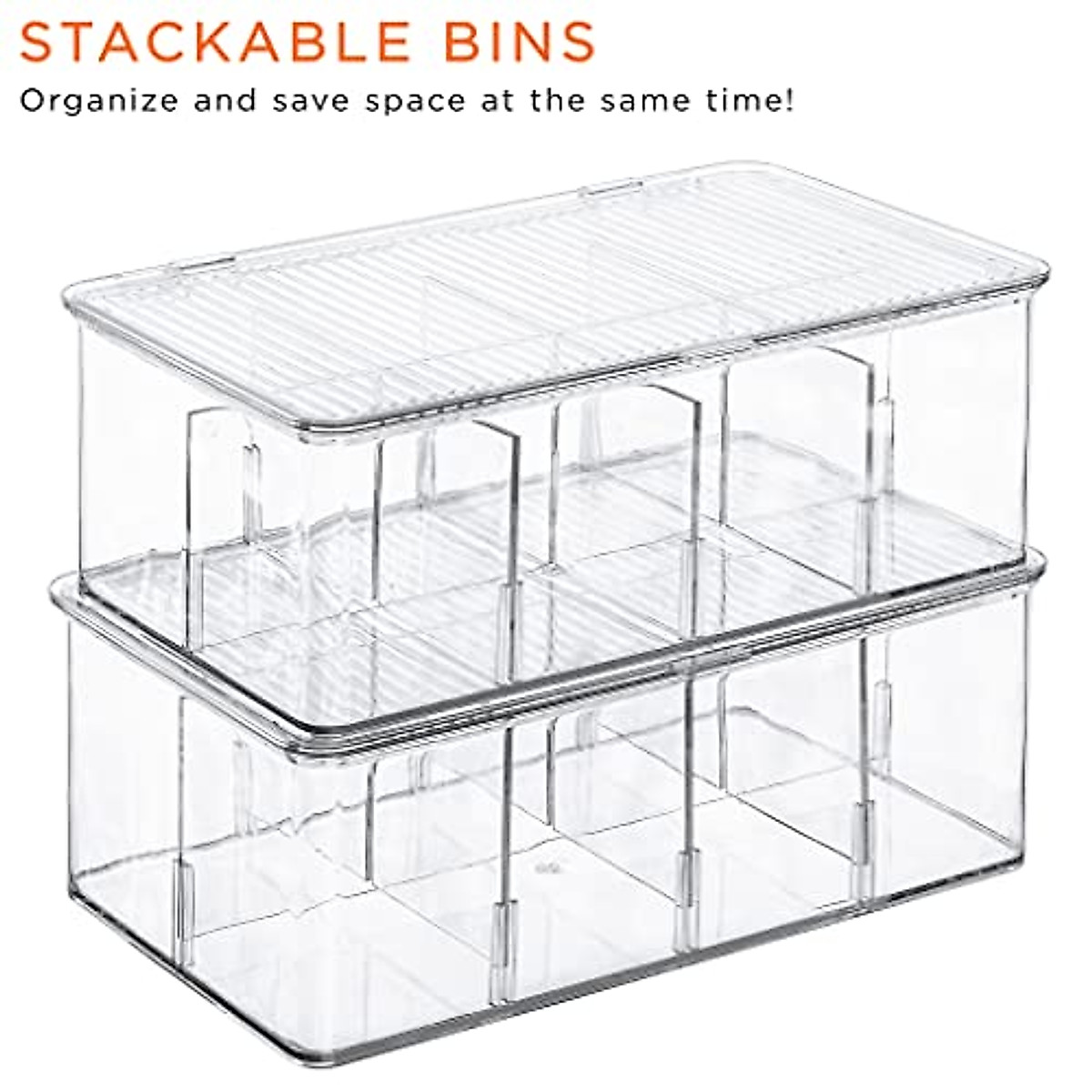 Sorbus 2 Pack Tea Bag Organizer Bins w/Lids & 4 Removable Dividers, Clear Plastic Food Packet Snack Organizer, Stackable Pantry Organization, Kitchen Storage, Fridge Bins, Sturdy Cabinet Organizers