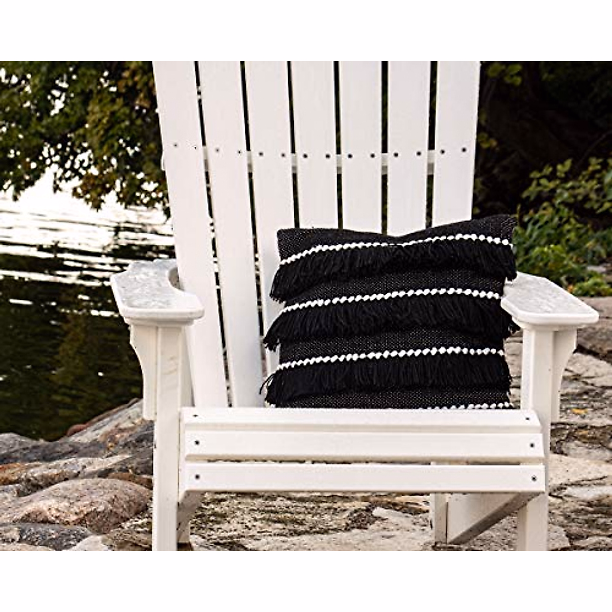 Foreside Home & Garden FIPL09795 Black Decorative Striped Woven 18x18 Outdoor Throw Pillow with Hand Tied Fringe