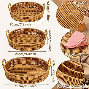 3 Pcs Rattan Serving Tray with Handles, Woven Wicker Tray Round Shallow Rattan Basket, Poly Wicker Basket Tray, Decorative Rattan Fruit Tray Cracker Boho Tray Decor for Serving Bread, Vegetable, Snack