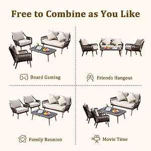 Domi Patio Furniture Set, 4 Pieces Rope Wicker Patio Set with Aluminum Frame, Outdoor sectional Sofa with Coffee Table, Outdoor Sofa, Loveseat, Ideal Outdoor Furniture for Gazebo, Pergola, Patio