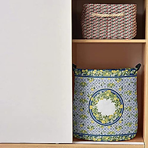 Laundry Basket Blue Tiles Yellow Lemons Green Foliage,Waterproof Collapsible Clothes Hamper Farm Fruits Summer Plants,Large Storage Bag for Bedroom Bathroom 16.5x17In
