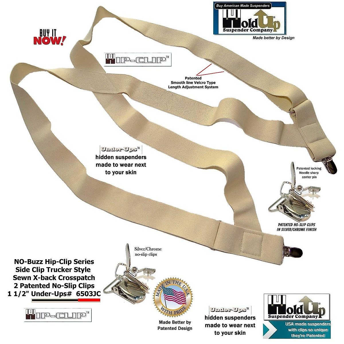 Holdup Hip-Clip Style Under-Ups Tan 1 1/2" Suspenders for Men with the USA Patented Metal "No-Slip" Clip
