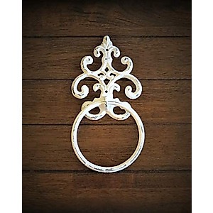 Shabby Chic Towel Ring, Antique White or Pick Color Towel Hanger, Heavy Cast Iron Bathroom Towel Hook, Fleur de Lis Design