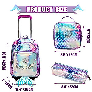 Oruiji Mermaid Rolling Backpack for Girls Backpack with Wheels for Elementary Girls with Lunch Box Wheeled Trolley Suitcase Travel Luggage