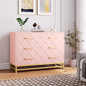 GarveeHome Dresser for Bedroom with 6 Drawer Double Dressers, Modern Wooden Dresser Chest, Beside Table for Closet, Nursery, Living Room, Pink