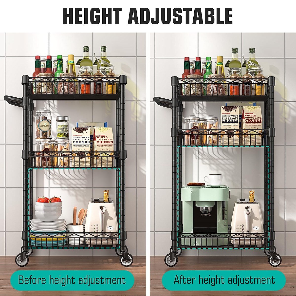 YASONIC 3 Tier Metal Rolling Cart, Kitchen Cart with Adjustable Shelves, Heavy Duty Utility Cart with Lockable Wheels, Multifunctional Rustproof Storage Cart, Bathroom Organizer Cart, Black