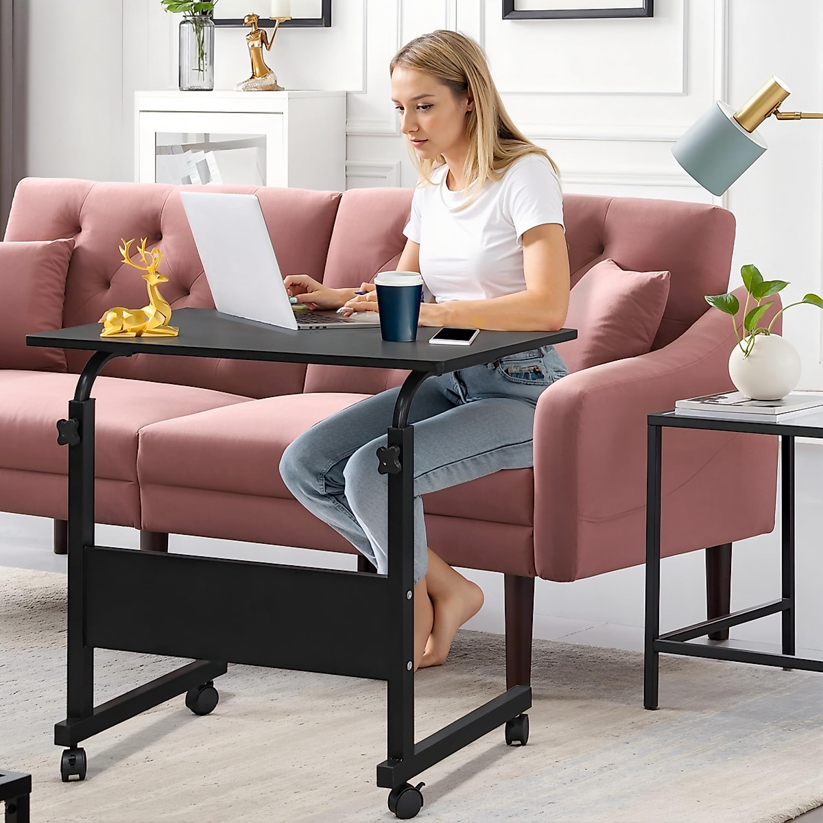 Rolling Laptop Stands Desk Cart Height Adjustable, soges 31.5 inches Mobile Sofa Side Table with Tablet Slot, Portable Standing Laptop Table, Small C Table for Couch Bed Sofa, Black, ZS-05-3-80B
