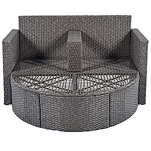 HHOK 2-Piece All-Weather PE Wicker Conversation Sofa, Outdoor Patio Half-Moon Sectional Furniture Set w/Side Table for Umbrella, Suitable for Poolside, Backyard Porch, Rattan+Gray Cushion