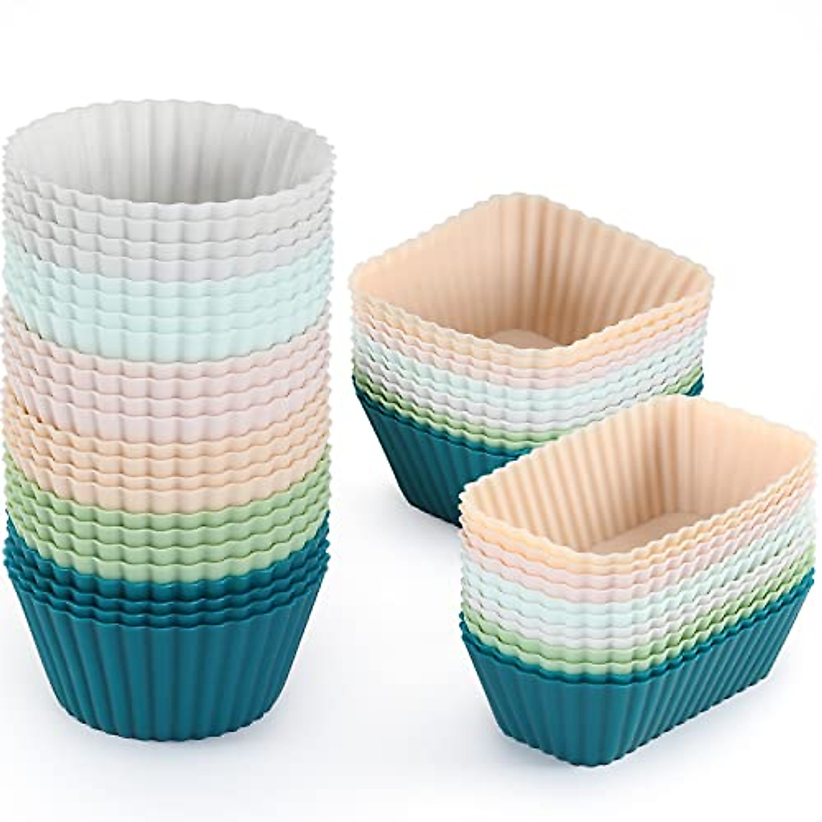 48 Pack Silicone Cupcake Liners, 3 Shapes of Standard Round & Square & Rectangle - Reusable Non-Stick Muffin Cups for Baking, Multicolor Bento Lunch Box Dividers - Non-Toxic, BPA Free, Dishwasher Safe