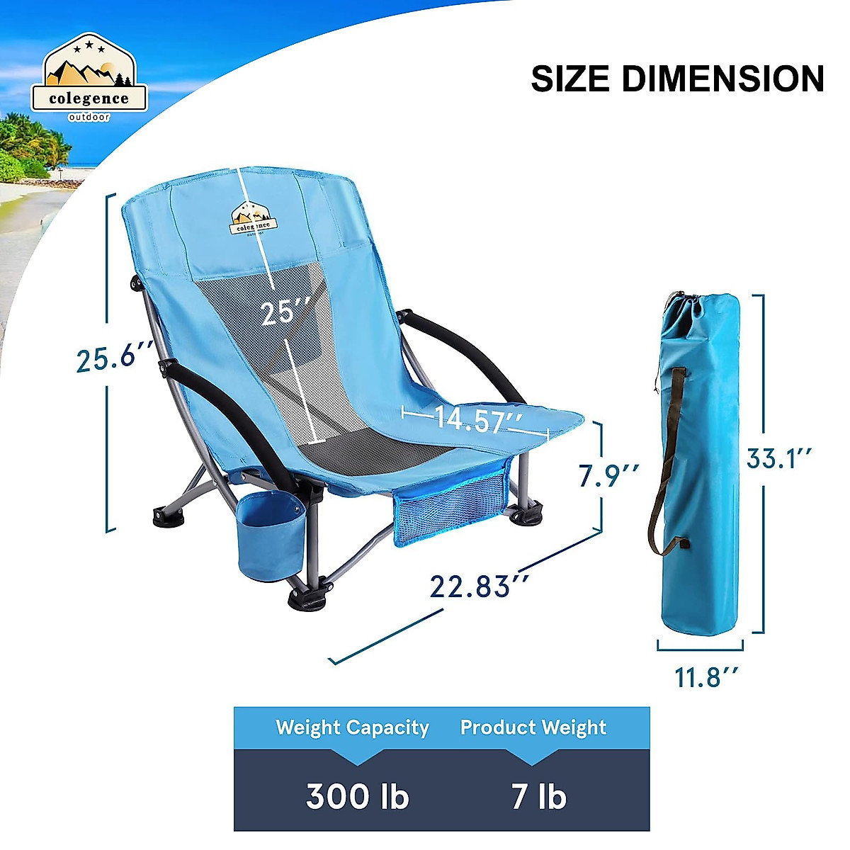 Colegence Low Back Camping Chair 2 Pack Support 300 LBS Carry Bag Included,Low Profile Folding Outdoor Chair,Camp Beach Chairs Set,with Phone Bag,Cooler Pocket,Cup Holder for Kids(2 Pcs Blue)