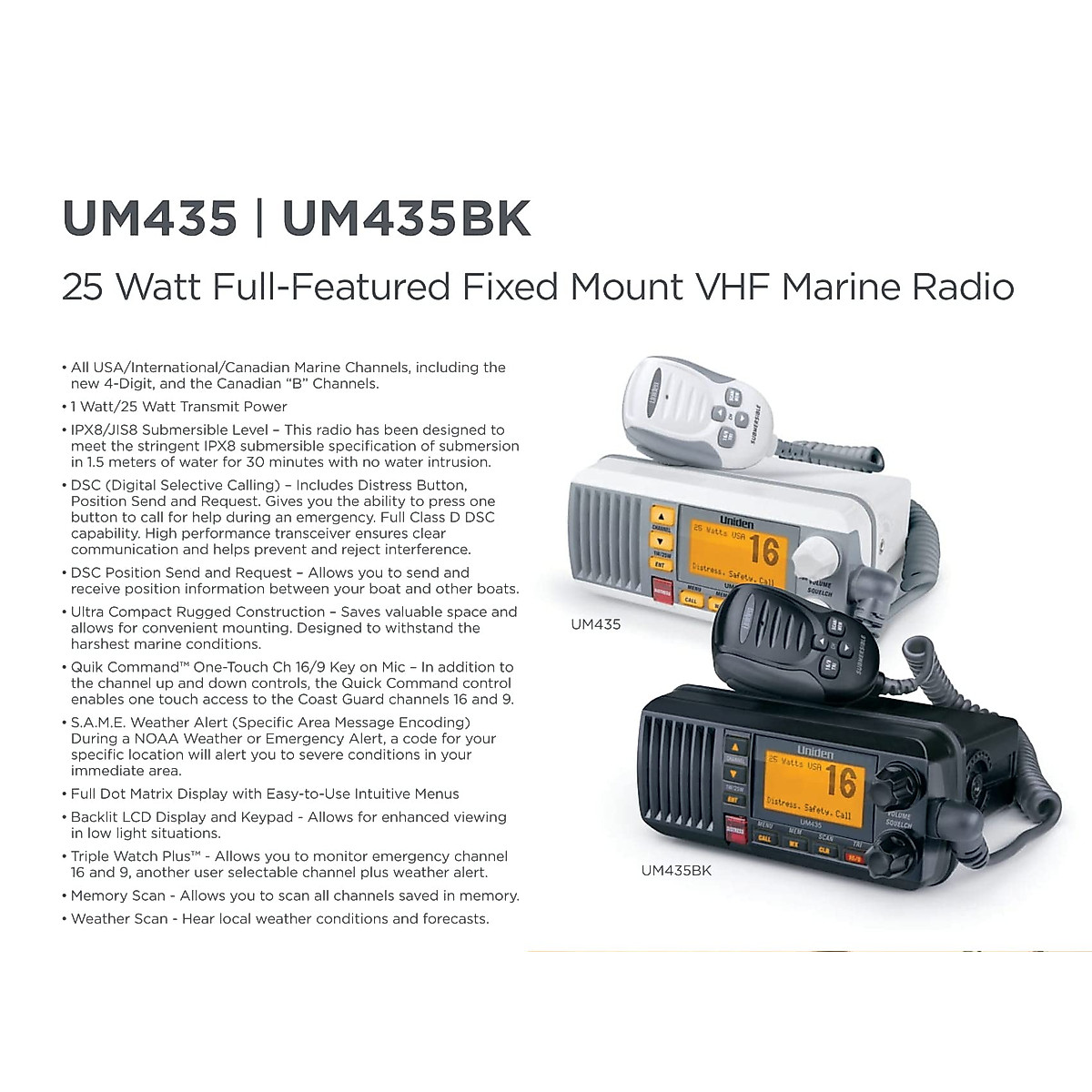 Uniden UM435BK Advanced Fixed Mount VHF Marine Radio, All USA/International/Canadian Marine Channels including new 4-Digit, CDN “B” Channels, 1 Watt/25 Watt Power, Waterproof IPX8 Submersible, Black