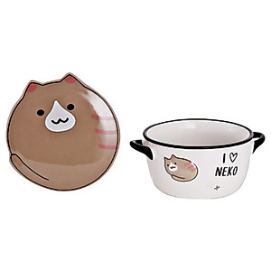 White and Brown Ceramic Japanese Bowl with Lid and Mini Handles, Neko Lucky Cat Microwavable Dish for Noodles and Rice, 5 3/4 Inches