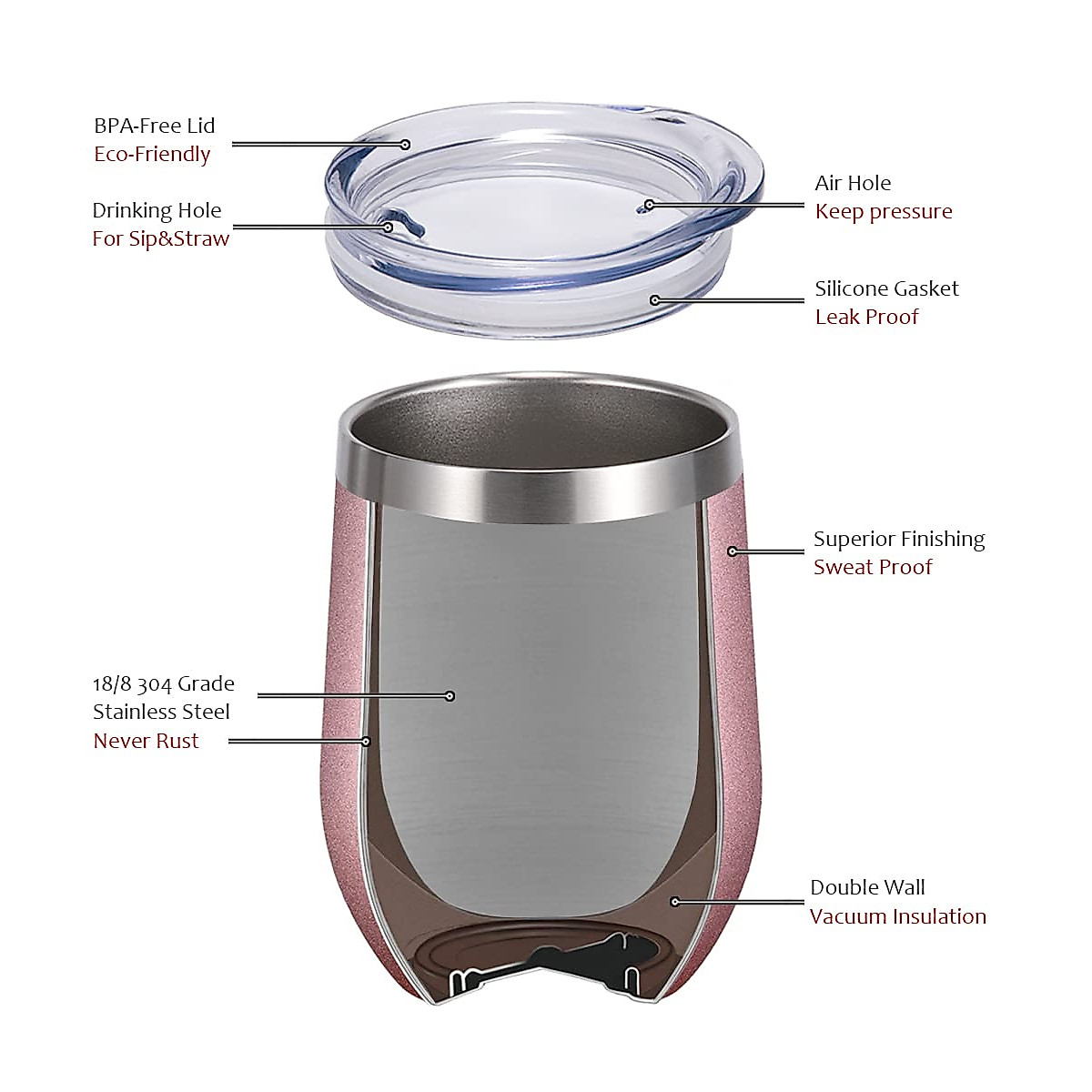 SUNWILL Insulated Wine Tumbler with Lid Rose Gold, Double Wall Stainless Steel Stemless Insulated Wine Glass 12oz, Durable Insulated Coffee Mug, for Champaign, Cocktail, Beer, Office