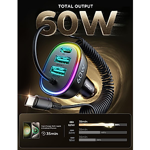 USB C Car Charger, 60W Super Fast Car Charger Adapter with 5ft 30W Type C Coiled Cable, Car Phone Charger Adapter for iPhone 15 Pro Max, Samsung Galaxy S24/S23, Google Pixel, iPad Pro…