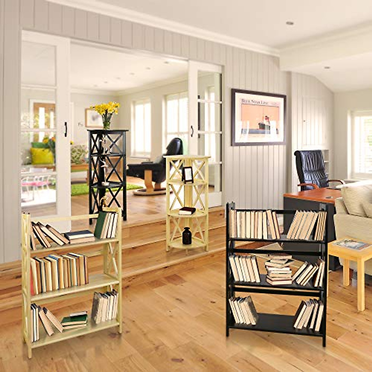 Casual Home Montego 3-Shelf Corner Folding Bookcase with Mantel Top, Black