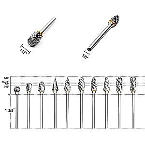 Carbide Rotary Burr Set - BIGOU 10PCS Double Cut Carving Burr Bits Tungsten Carbide 1/8" Shank 1/4" Grinding Head for DIY Carving Metal Polishing Engraving Drilling