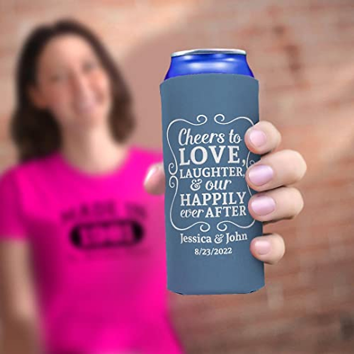 Cheers To Love Custom Names & Date 6-Pack Personalized Ultra Slim Can Coolies Slate Blue