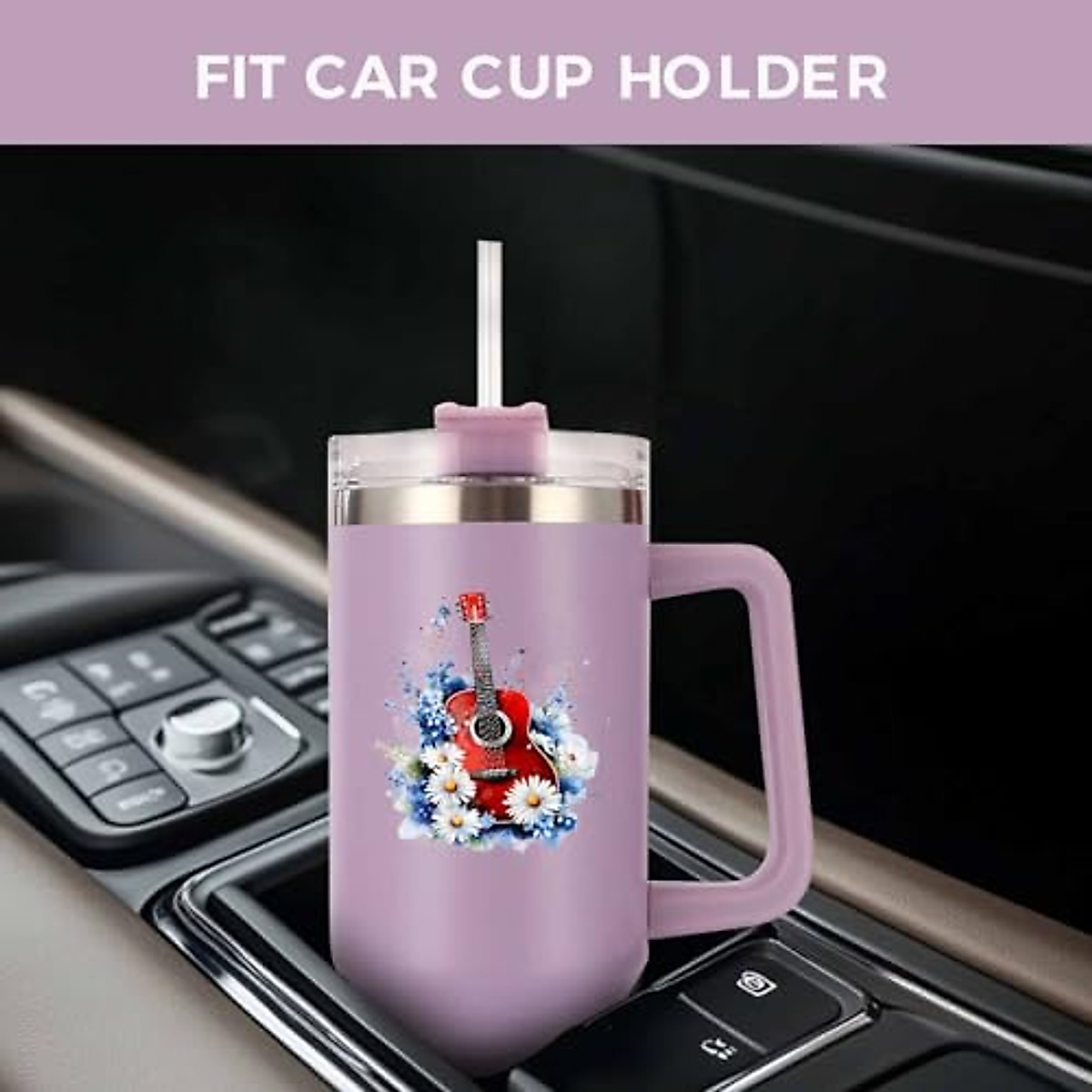 LB LEOBON 40 ounce insulated cup with handle, double-layer vacuum stainless steel material, equipped with straw, can keep warm or maintain cold drinks Daisy Guitar Fragrant taro purple