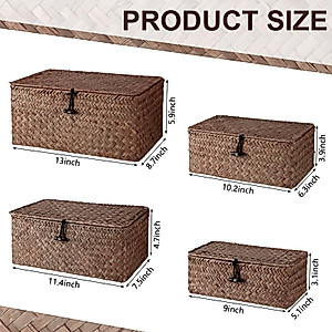 Woanger Set of 4 Seagrass Storage Bins with Lid Wicker Storage Baskets Organizer for Organizing, Woven Bins Home Utility Box for Home Office Supplies(Coffee)