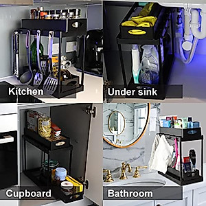 Under Sink Organizers and Storage Sliding - Multipurpose Double Sliding Cabinet Organizer for Bathroom or Kitchen Sink Organizer with 4 Hooks (Black)