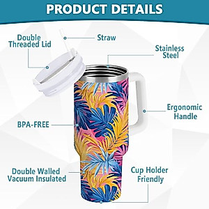 Slewiaeky Tumbler with Handle 40 oz Palm Leaf Plant Cute Travel Mug with Lid and Straw Blue Stainless Steel Vacuum Insulated Water Bottle Cup for Iced Tea Coffee Cold Beverages Cup Holder Friendly