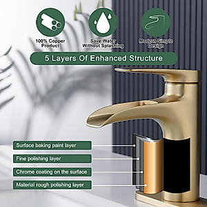 Gold Bathroom Faucets, Single Hole Bathroom Faucets Brushed Gold, Waterfall Faucet for Bathroom Sink Brass Bathroom Faucet with Pop Up Drain RV Faucet YardMonet