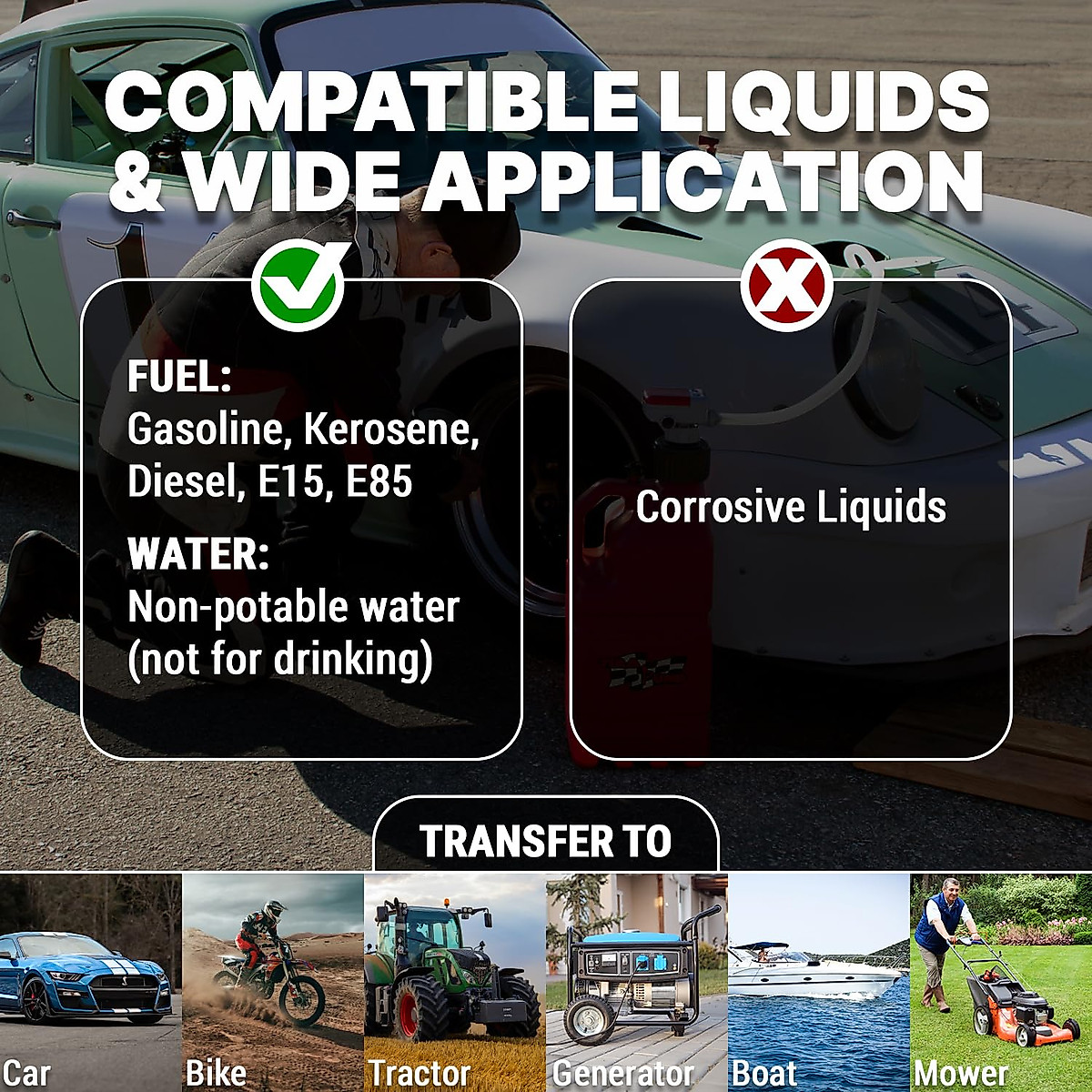2PK of TERA PUMP TRFA01-XL 4 AA Battery Powered AUTO STOP Pump - Included 4x Gas Can/Racing Can Fittings 4.25ft Long Hose [ 2.3 GPM ] Transfer Rate For Gas Diesel E15 E85 Fuels (Gas Can Not Included)