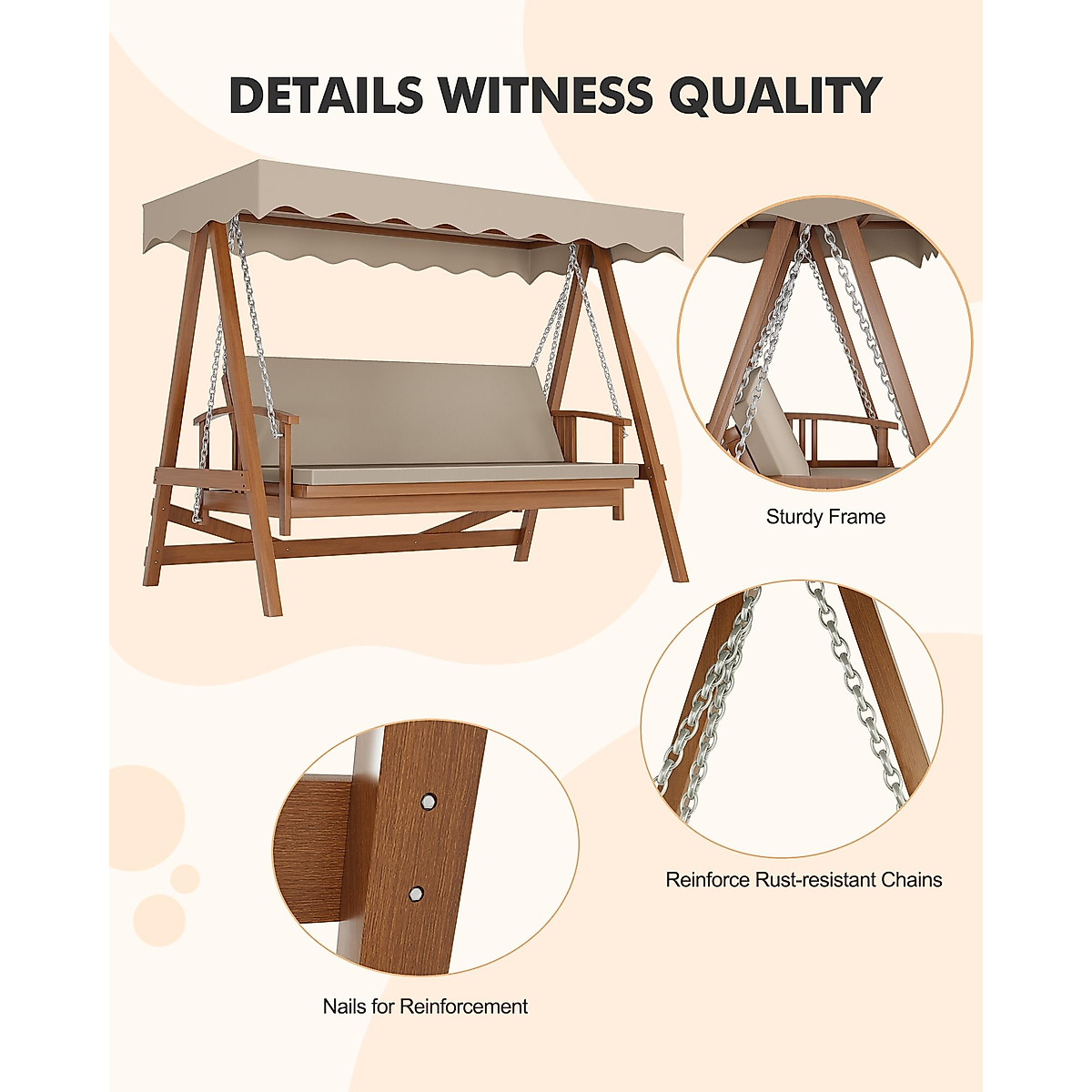 Kybolt Wooden Patio Swing with Adjustable Canopy,3-Seater Wood Patio Swing Bench Bed with Removable Cushion,Patio Swing Glider with Flatbed for Backyard Garden Balcony Poolside