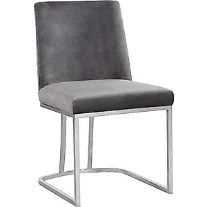 Meridian Furniture Heidi Collection Modern | Contemporary Velvet Upholstered Dining Chair with Polished Chrome Metal Frame, Set of 2, 19" W x 23" D x 32" H, Grey