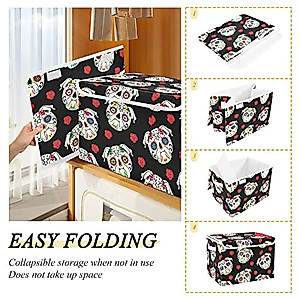 CaTaKu Pug Sugar Skull Storage Bins with Lids and Handles, Fabric Large Storage Container Cube Basket with Lid Decorative Storage Boxes for Organizing Clothes